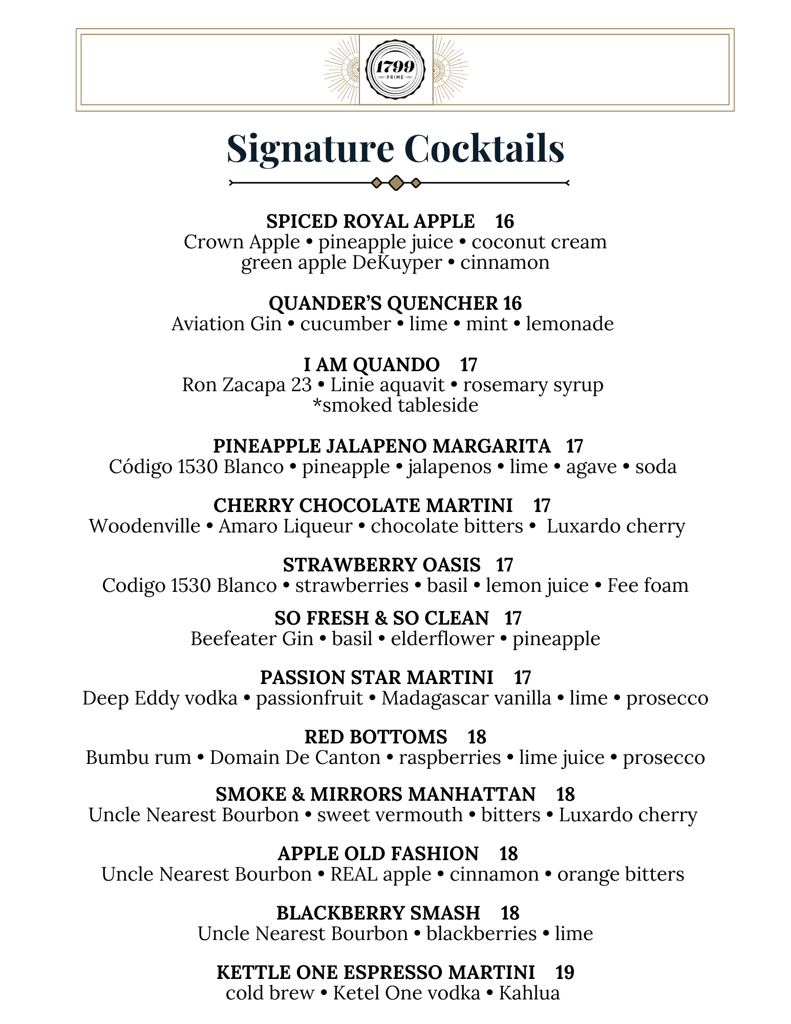 1799 PRIME Menus | 1799 Prime Steak & Seafood - Alexandria, VA